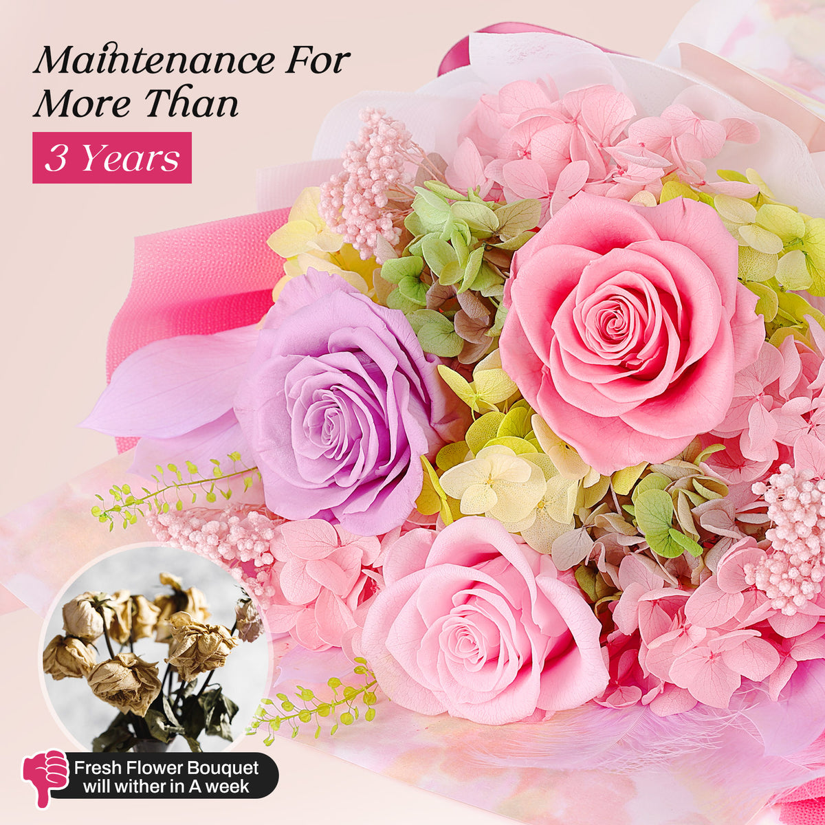 Preserved Flowers Bouquet 3 Roses - Pink Real Rose & Flowers for Deliv ...